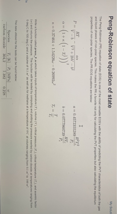 Solved Peng-Robinson equation of state My Soluti The | Chegg.com