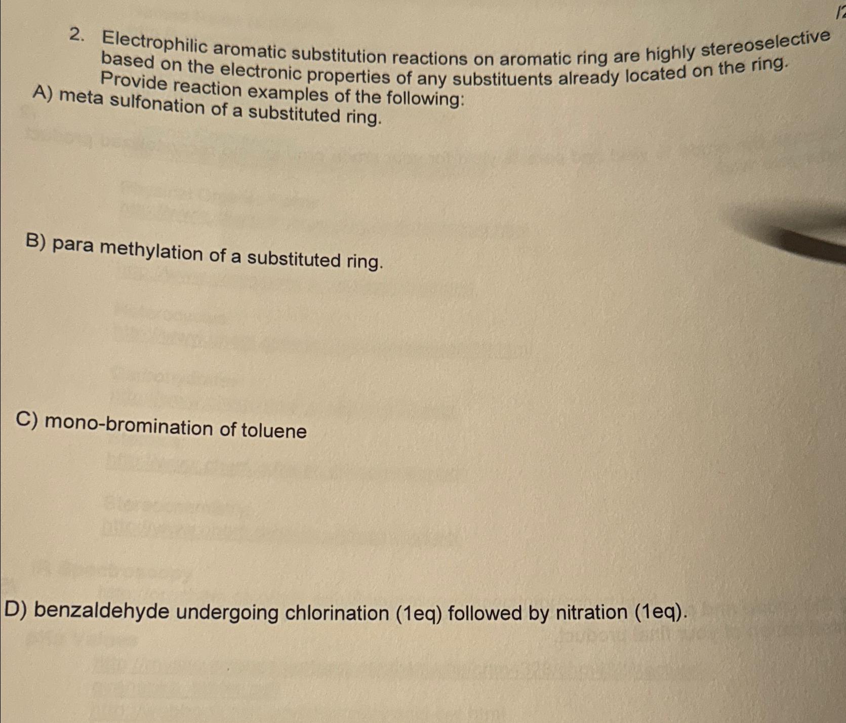 Solved Electrophilic aromatic substitution reactions on | Chegg.com