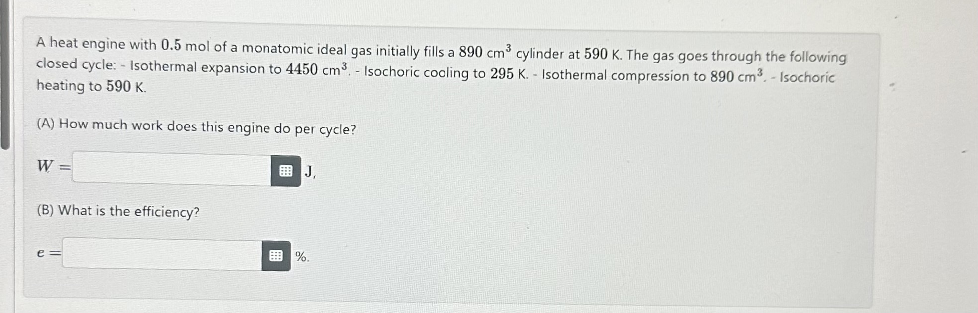 Solved A heat engine with 0.5mol of a monatomic ideal gas | Chegg.com