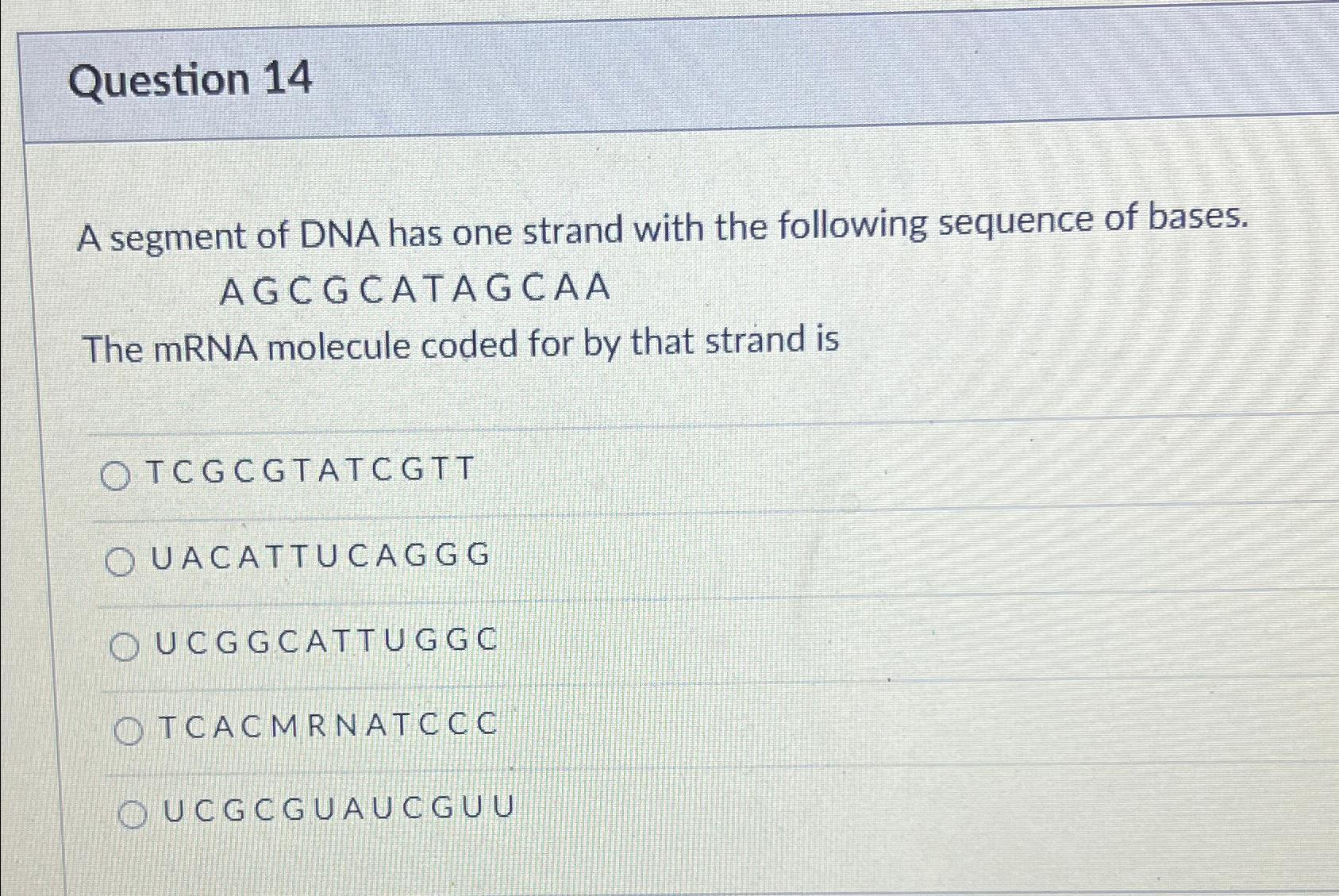 Solved Question 14A segment of DNA has one strand with the | Chegg.com