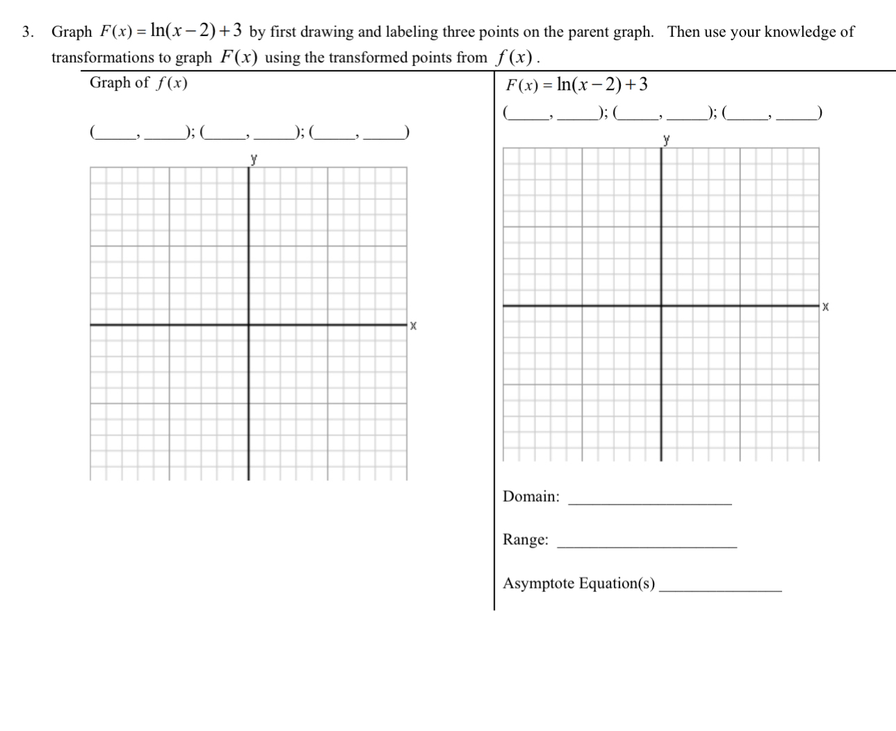 Solved Graph F(x)=ln(x-2)+3 ﻿by first drawing and labeling | Chegg.com