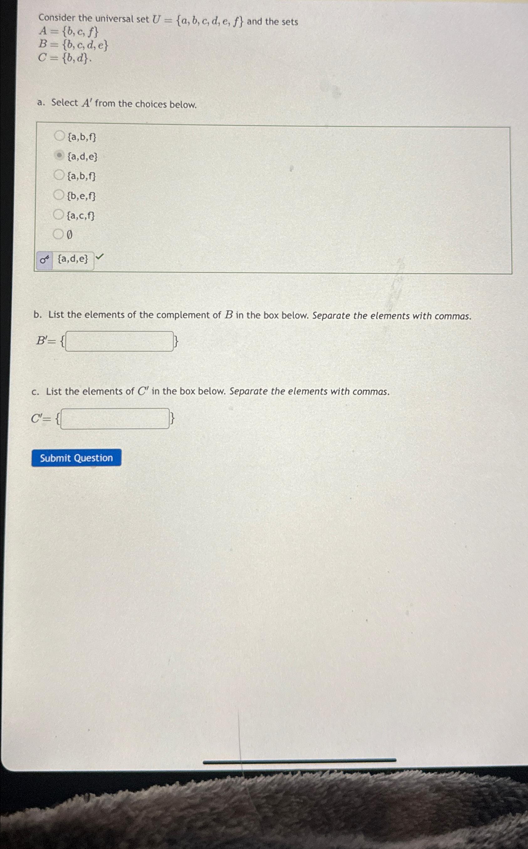Solved Consider the universal set U={a,b,c,d,e,f} ﻿and the | Chegg.com