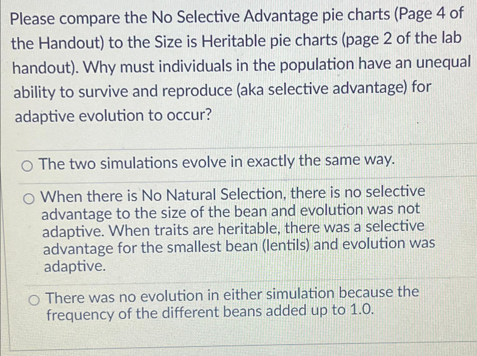 Solved Please compare the No Selective Advantage pie charts | Chegg.com