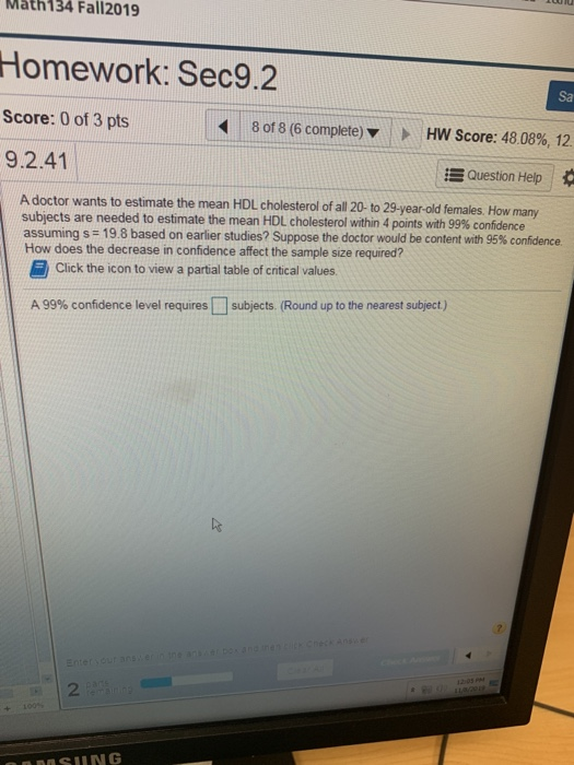 Solved Fall2019 Homework: Sec9.2 Sa Score: 0 of 3 pts 8 of 8 | Chegg.com