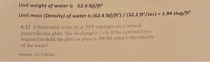 Solved Unit weight of water is 62.4lbf/ft3 Unit mass | Chegg.com