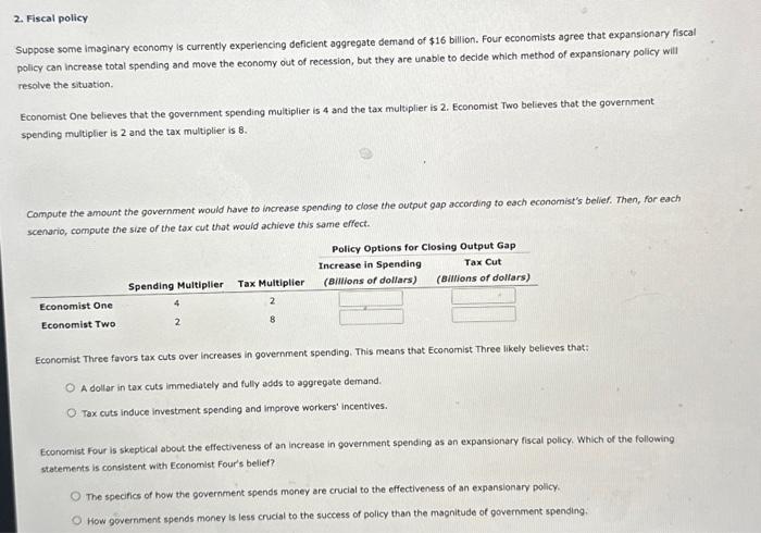 Solved 2. Fiscal policy Suppose some imaginary economy is | Chegg.com