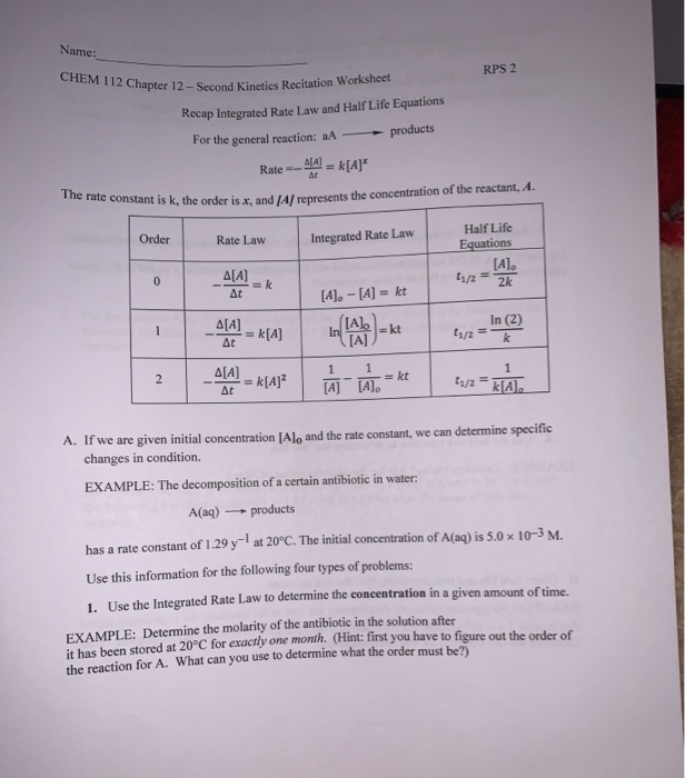 Solved Name: RPS 2 CHEM 112 Chapter 12 - Second Kinetics Re | Chegg.com