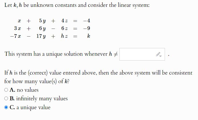 Solved Let k,h ﻿be unknown constants and consider the linear | Chegg.com