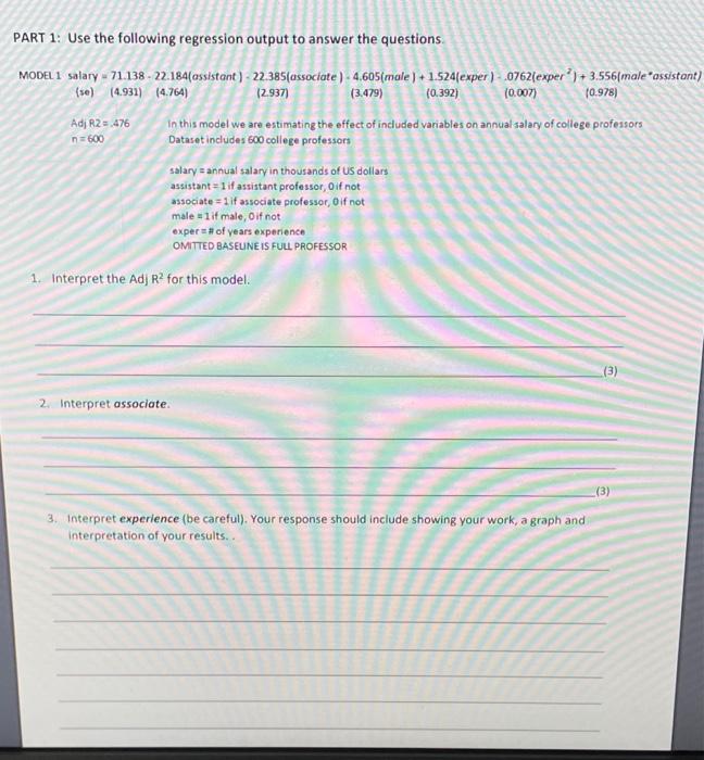 Solved PART 1: Use the following regression output to answer | Chegg.com