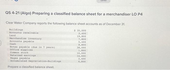 Solved QS 4-21 (Algo) Preparing a classified balance sheet | Chegg.com