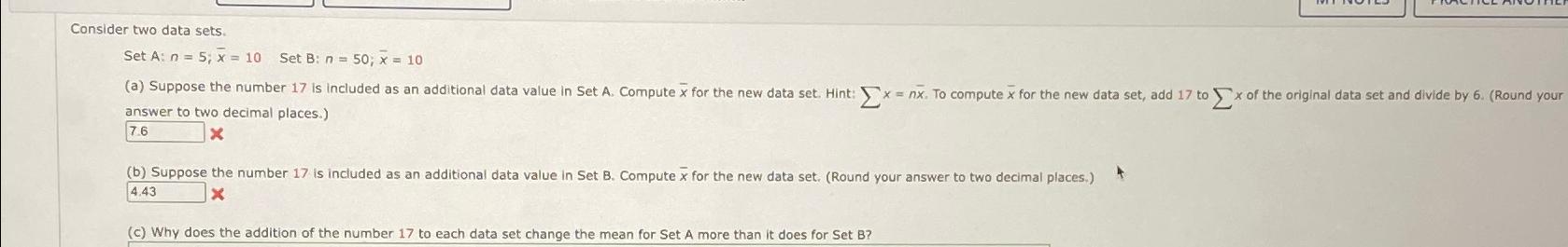 Solved Consider two data sets.Set A:n=5;x‾=10 ﻿Set | Chegg.com