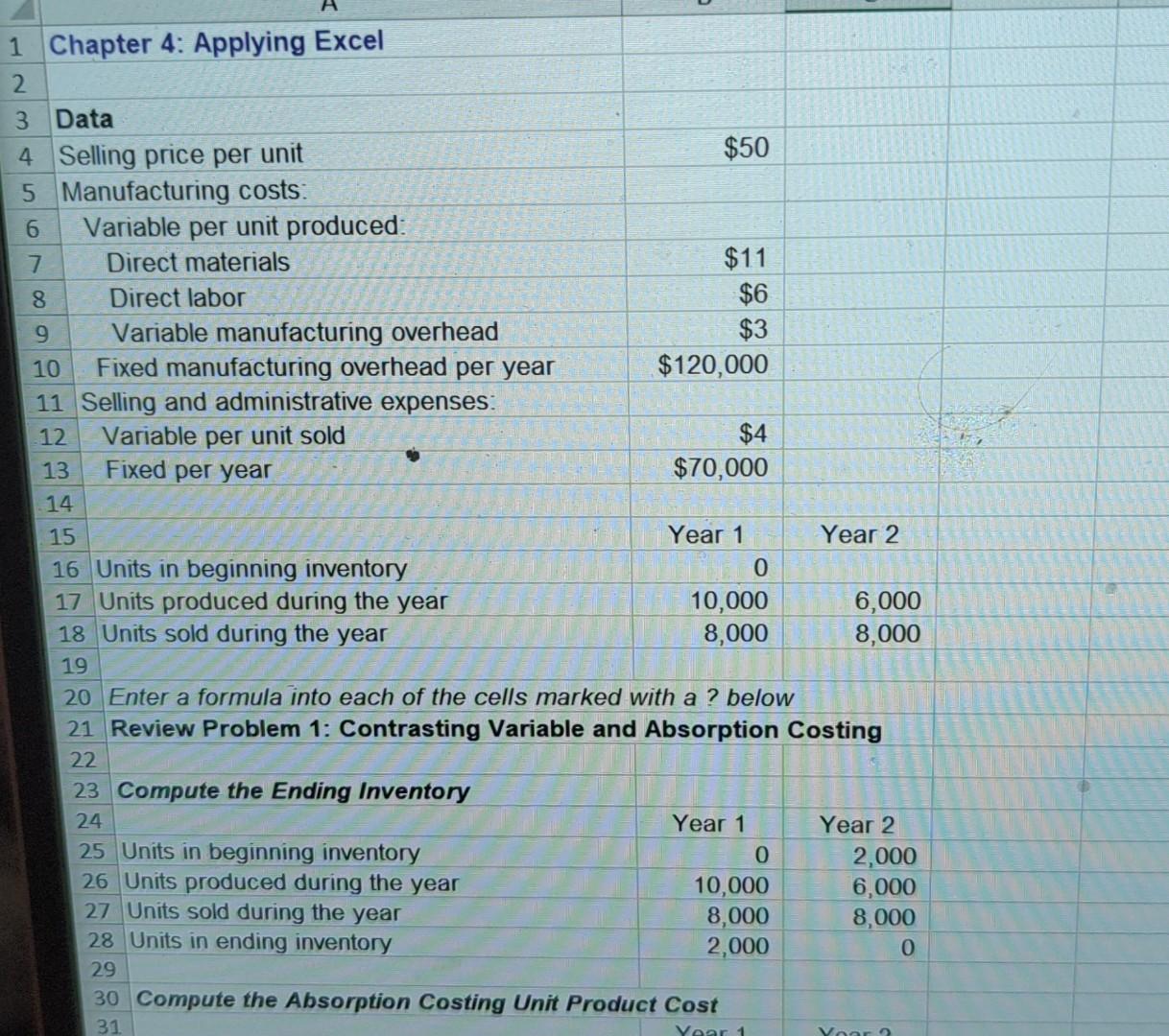 Solved Chapter 4: Applying Excel Data Selling price per unit | Chegg.com