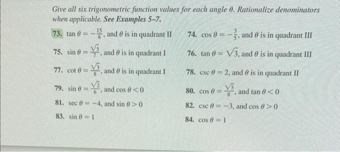 Solved Give all six trigonometric function values for each | Chegg.com