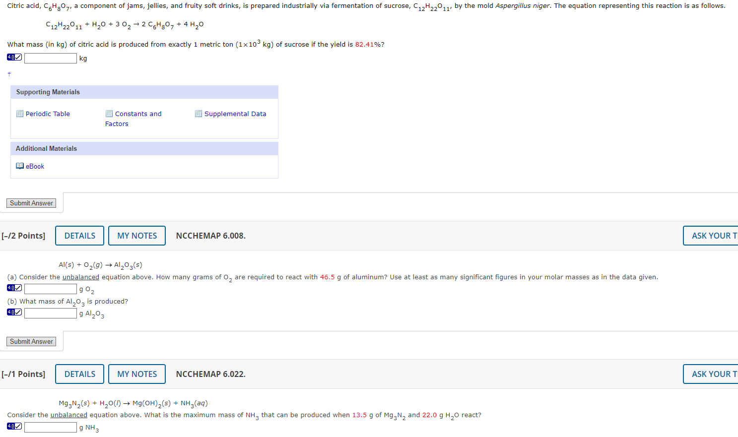 Solved C12H22O11+H2O+3O2→2C6H8O7+4H2OWhat mass (in kg ) ﻿of | Chegg.com