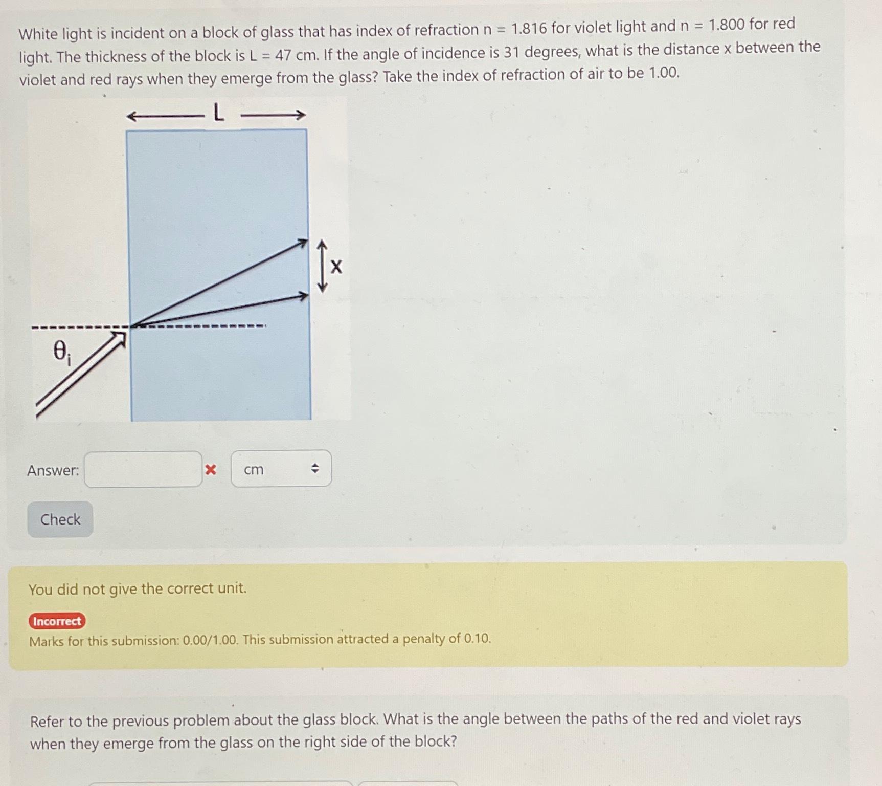 Solved White Light Is Incident On A Block Of Glass That Has