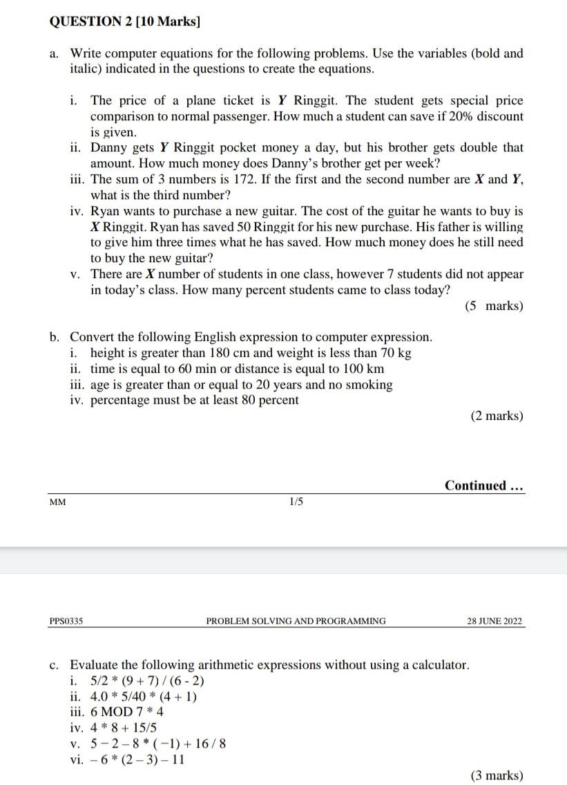 Solved QUESTION 2 [10 Marks] a. Write computer equations for | Chegg.com