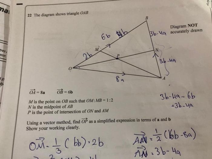 Solved 22 The diagram sho m NOT tely drawn OA=8aOB=6 b M is | Chegg.com