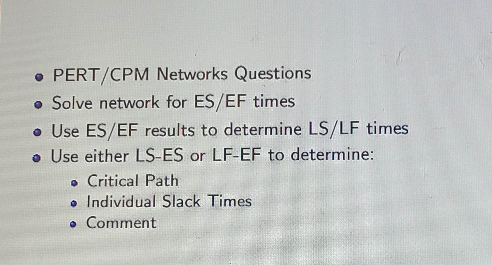 Solved PERT/CPM Networks Questions Solve network for ES/EF | Chegg.com