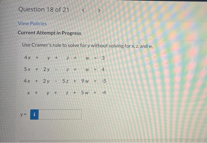 Solved Use Cramer's rule to solve for y without solving for | Chegg.com
