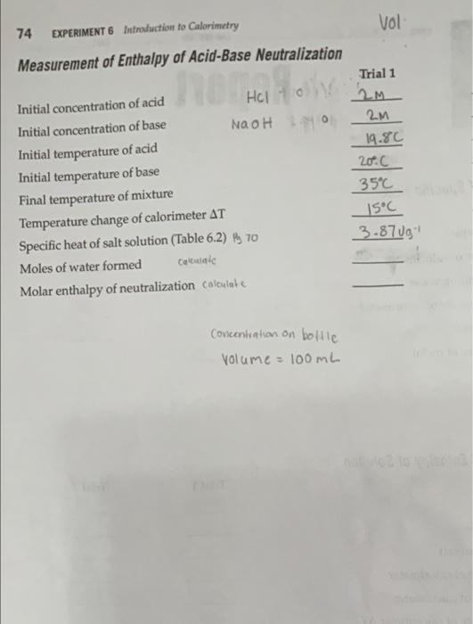 Solved vol 74 EXPERIMENT 6 Introduction to Calorimetry | Chegg.com