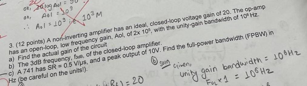 Solved 3. (12 points) A non-inverting amplifier has an | Chegg.com