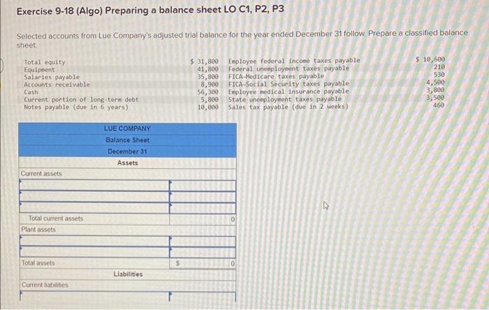 Solved Exercise 9-18 (Algo) Preparing a balance sheet LO C1, | Chegg.com Solved Exercise 9-18 (Algo) Preparing a balance sheet LO C1, | Chegg.com