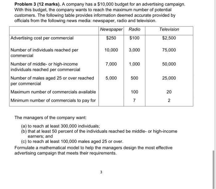 Solved Problem 3 (12 marks). A company has a $10,000 budget | Chegg.com