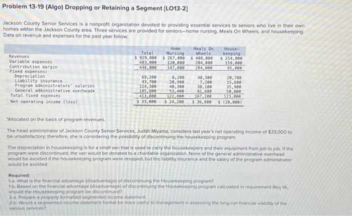 Solved Problem 13-19 (Algo) Dropping or Retaining a Segment | Chegg.com