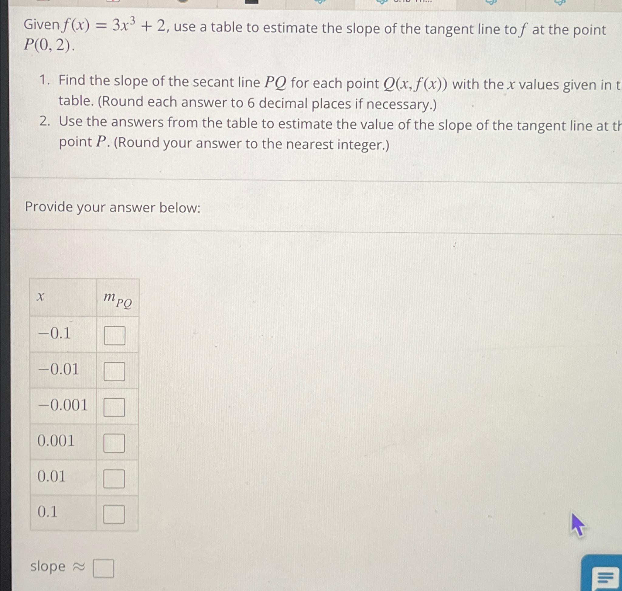 Solved Given f(x)=3x3+2, ﻿use a table to estimate the slope | Chegg.com