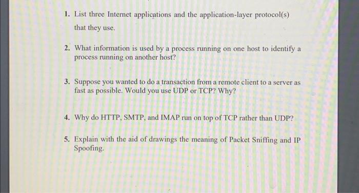 Solved 1. List three Internet applications and the | Chegg.com
