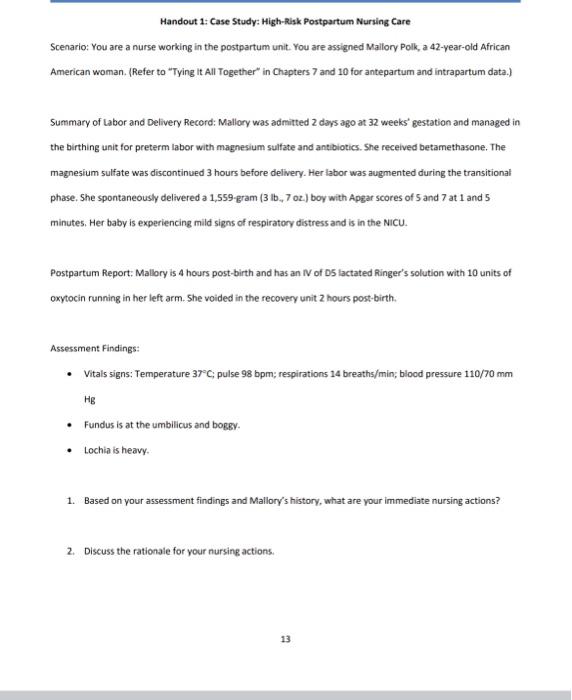 Solved Handout 1: Case Study: High-Risk Postpartum Nursing | Chegg.com