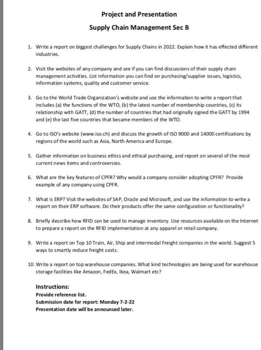 Solved Project and Presentation Supply Chain Management Sec | Chegg.com