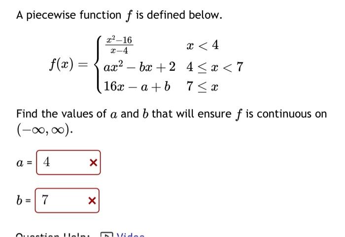 Solved A piecewise function f is defined below. | Chegg.com