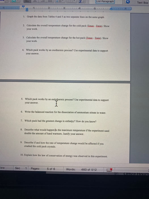 Table 1: Cold Pack Data Time (see) Temperature | Chegg.com