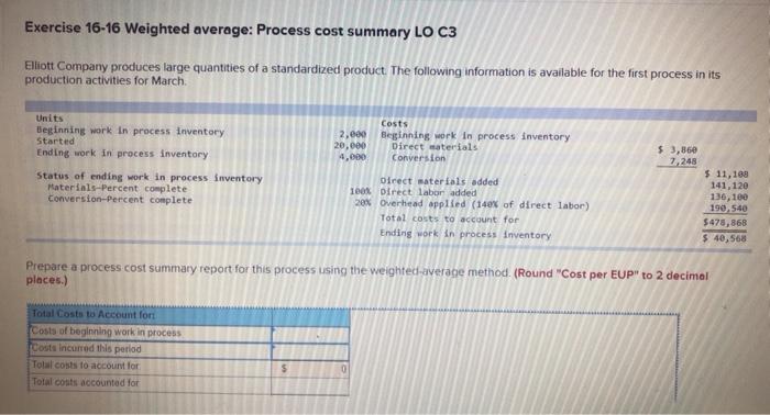 Solved Exercise 16-16 Weighted average: Process cost summary | Chegg.com