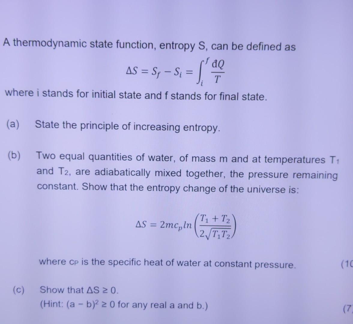 Solved A thermodynamic state function, entropy S, can be | Chegg.com