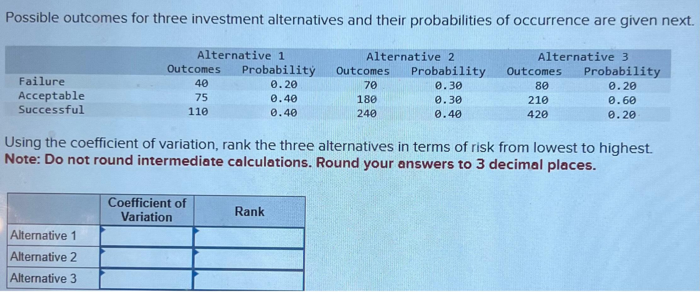 Solved Possible outcomes for three investment alternatives | Chegg.com