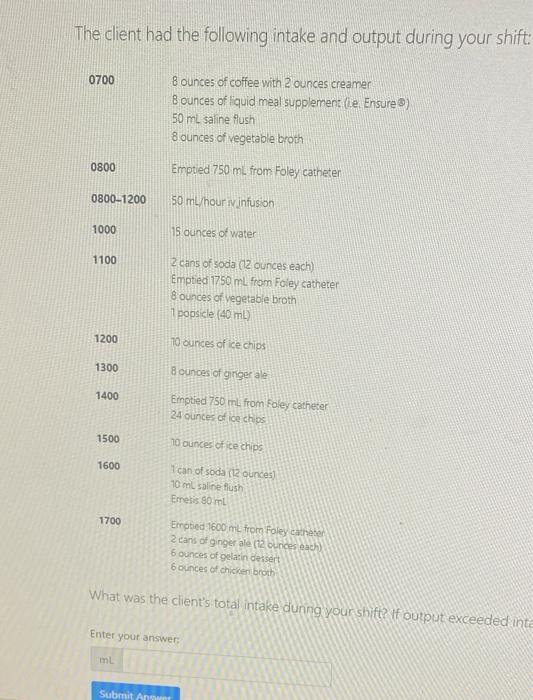 Solved The client had the following intake and output during | Chegg.com