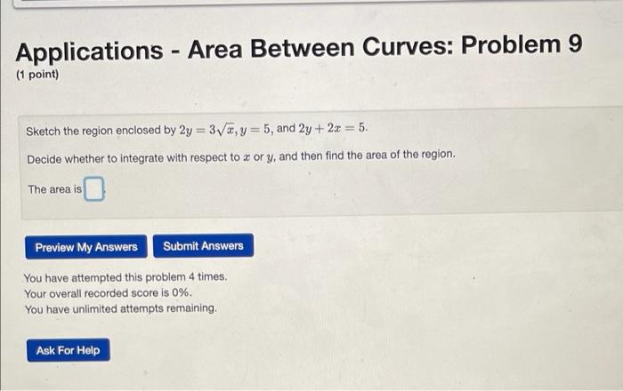 Solved Applications - Area Between Curves: Problem 9 (1 | Chegg.com