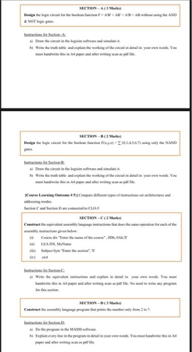 Solved SECTION - A3 Mark Design the logic clecals for the | Chegg.com