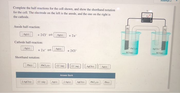 Solved Attempt 2 Complete the half-reactions for the cell | Chegg.com