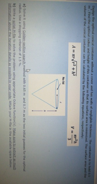 Solved Design the optimal conical container without a cover | Chegg.com