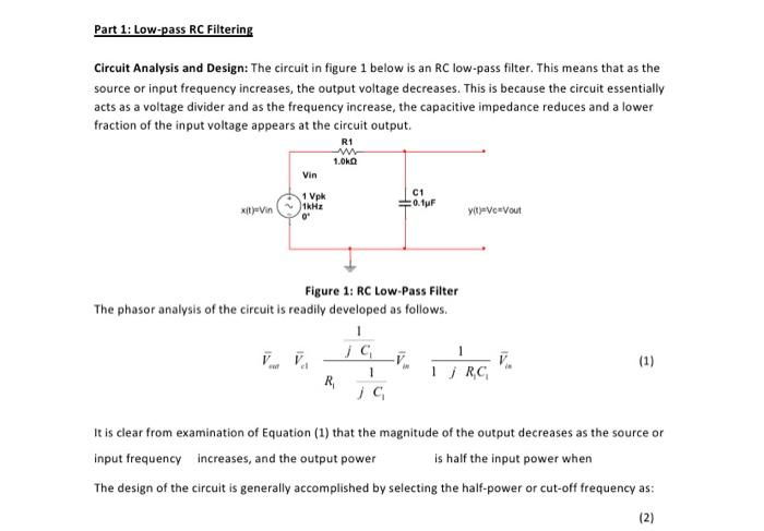 Solved Part 1: Low-pass RC Filtering Circuit Analysis and | Chegg.com