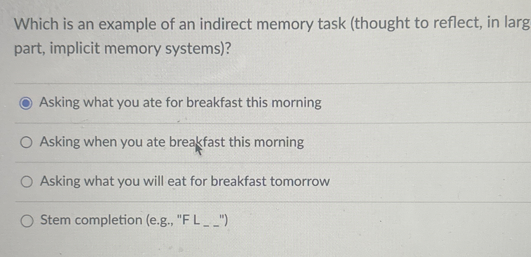 Solved Which is an example of an indirect memory task | Chegg.com
