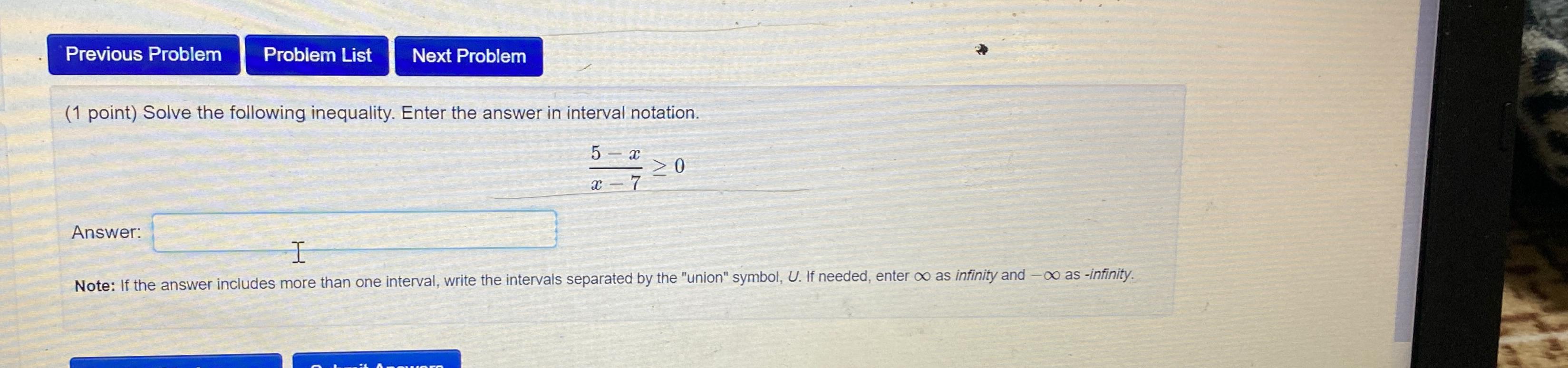 Solved (1 ﻿point) ﻿Solve the following inequality. Enter the | Chegg.com