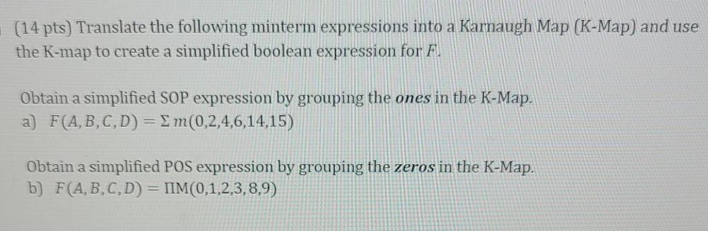 Solved (14 pts) Translate the following minterm expressions | Chegg.com