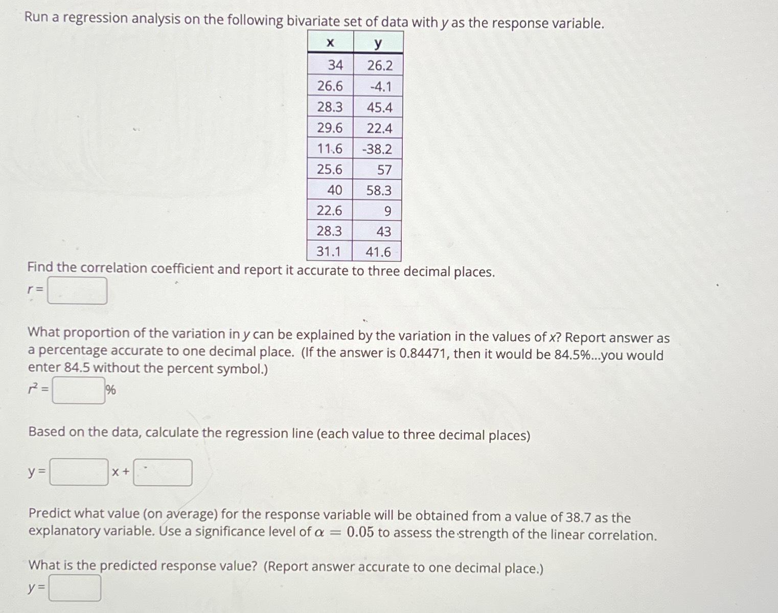 Solved Run a regression analysis on the following bivariate | Chegg.com