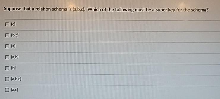 Solved Suppose that a relation schema is (a,b,c). ﻿Which of | Chegg.com