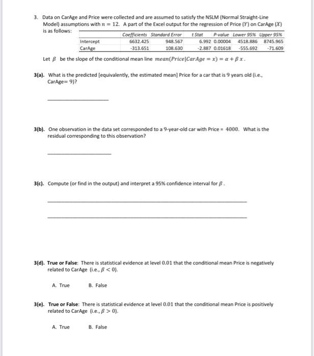 Solved 3. Data on CarAge and Price were collected and are | Chegg.com