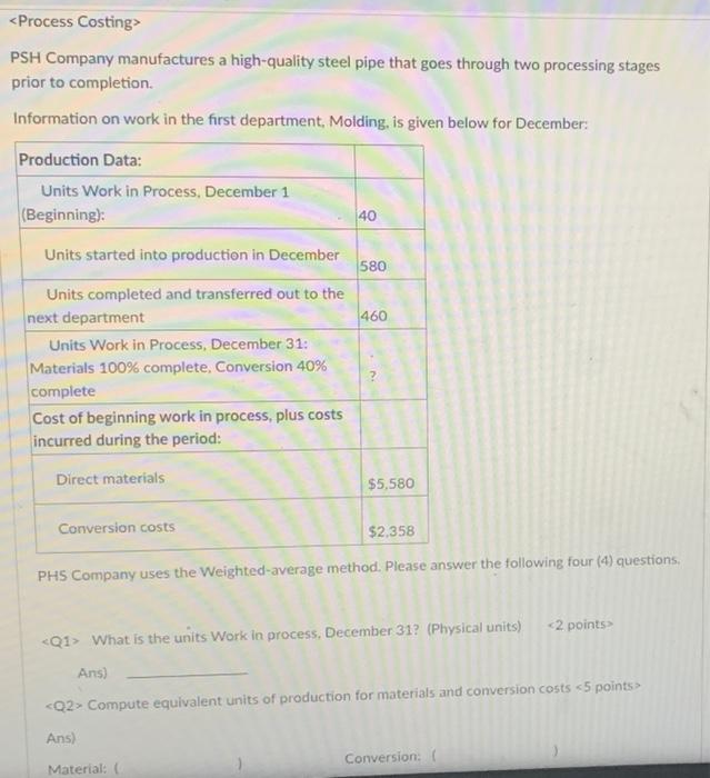 Solved PSH Company manufactures a high-quality steel pipe | Chegg.com